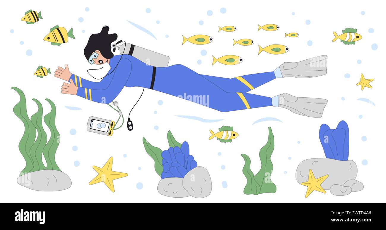 Dive concept Woman divers swimming in water suits, oxygen masks, tanks and equipment for scuba ...