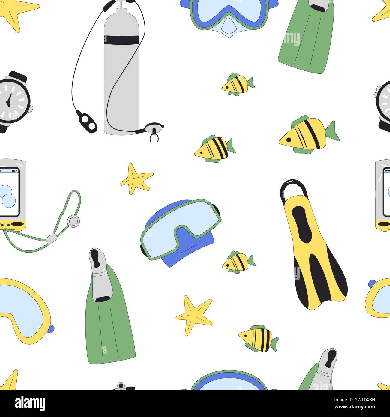 Diving seamless pattern. Snorkeling endless background. Scuba dive and underwater swimming cover ...