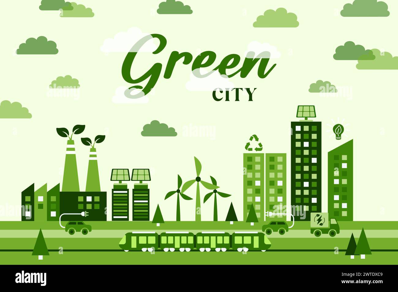 Sustainable green eco city on the earth planet in flat design vector ...