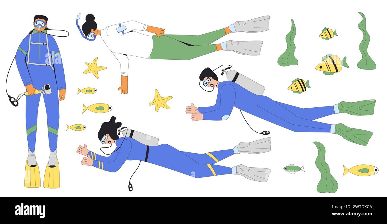 Diving set. Men and women divers swimming in water suits, oxygen masks ...