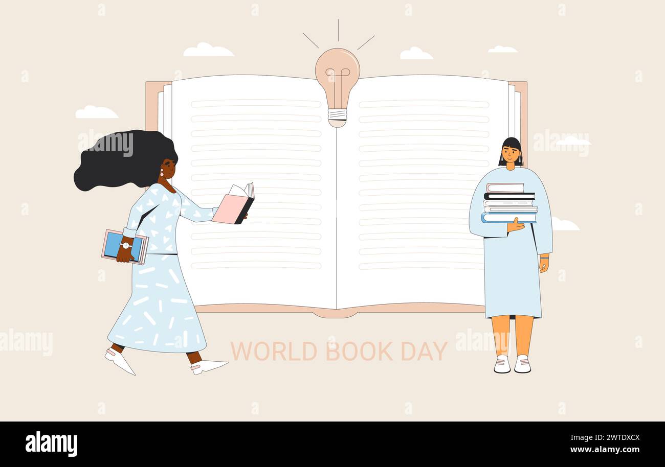World book and copyright day banner template. Two girls with literature ...