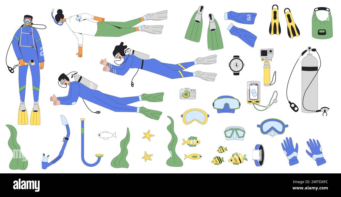 Diving set. Men and women divers swimming in water suits, oxygen masks ...