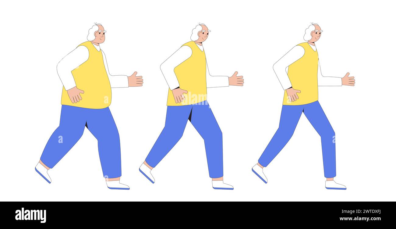 Weight loss elderly man sequence. Before and after sport exercises ...