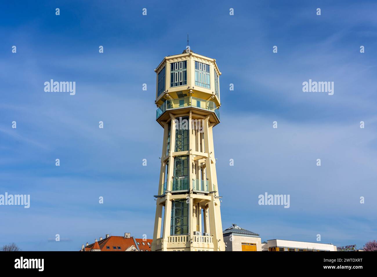 Siofok water lookout tower with blue sky in Hungary Stock Photo - Alamy