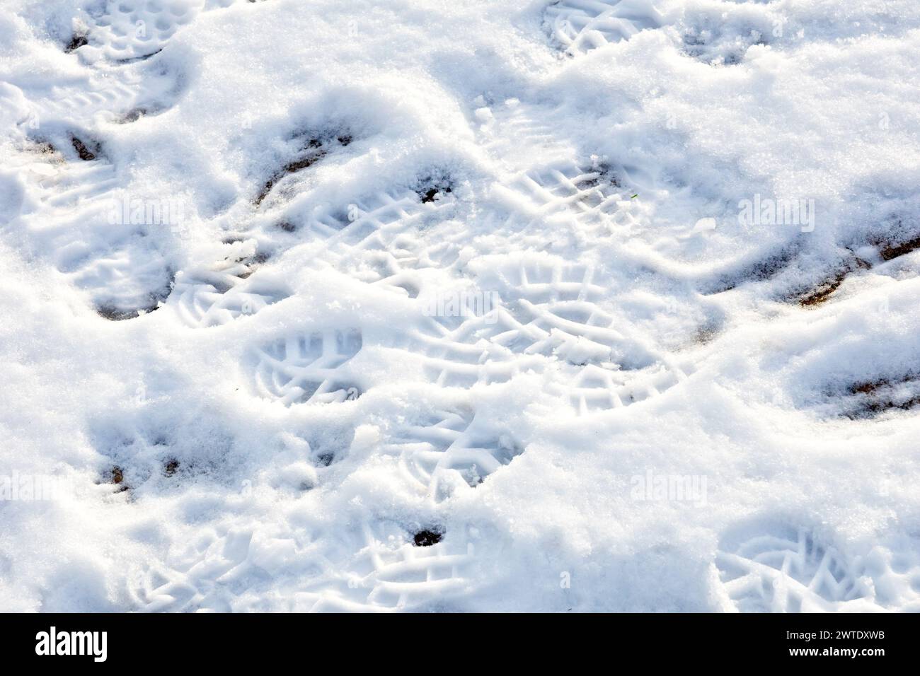 Footprints in the snow, close up of a mish-mash of several bootprints ...