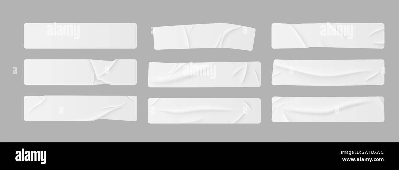 White stickers, glued paper patches and adhesive tapes with wrinkles ...