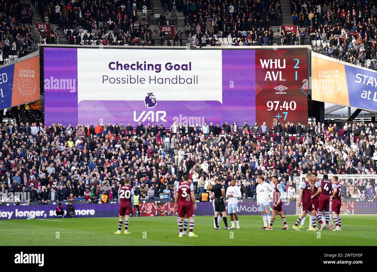 A VAR check for possible handball in Aston Villa's favour on the big ...