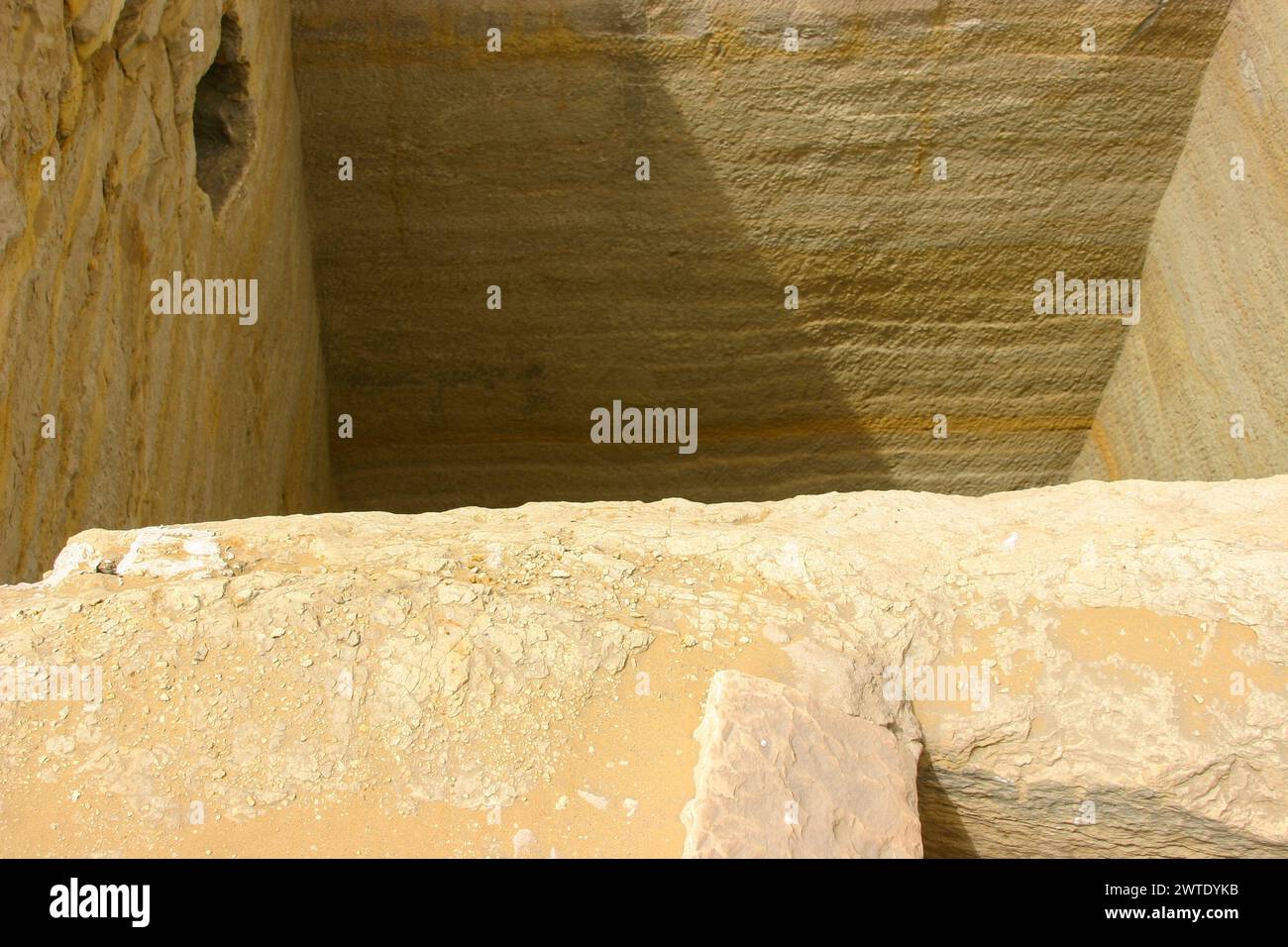 Egypt, Saqqara, end of the Unas causeway paved part, with a big hole ...