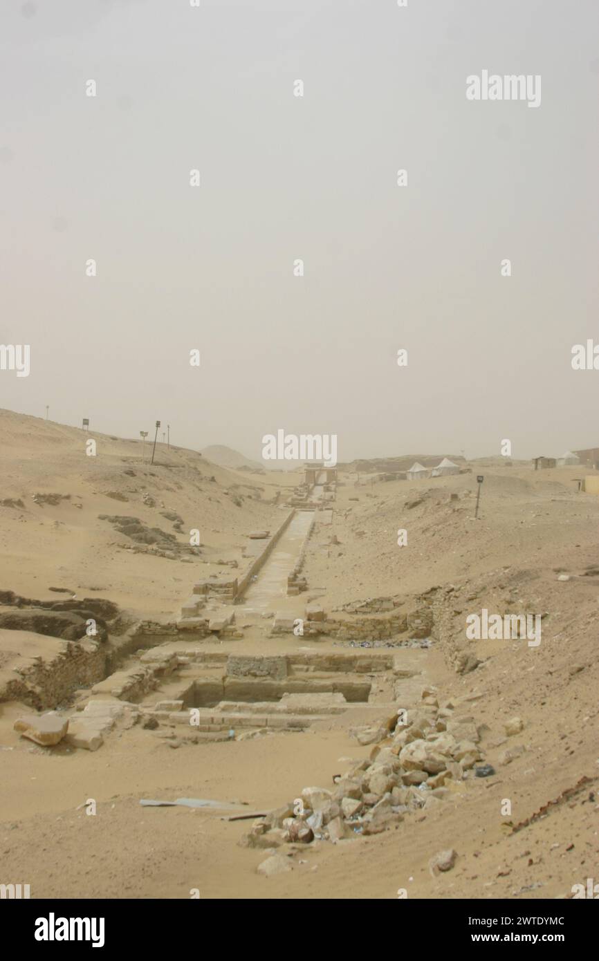 Egypt, Saqqara, end of the Unas causeway paved part, with a big hole ...