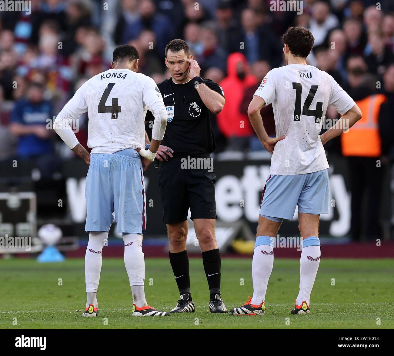 London, UK. 17th Mar, 2024. Referee Jarred Gillett waits for the VAR ...