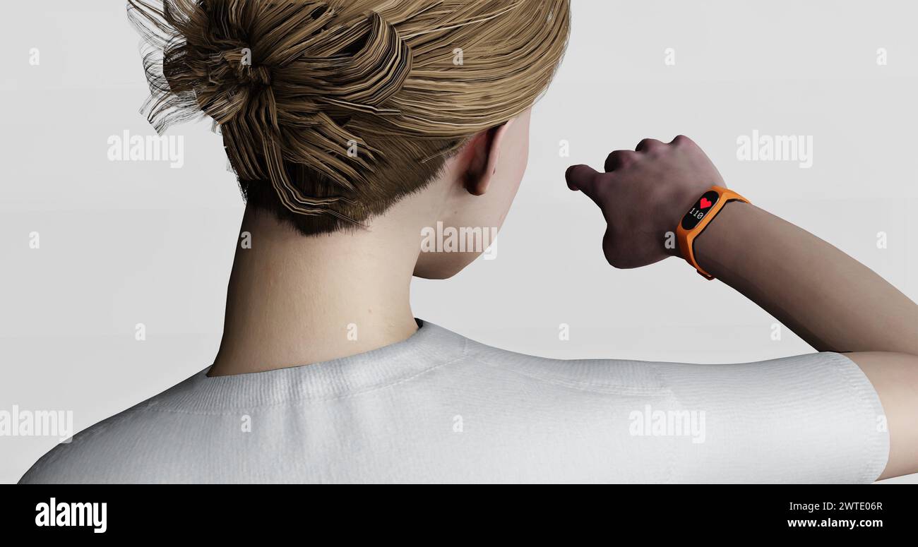 3d render of woman checking watch, wristband or smart watch for ...