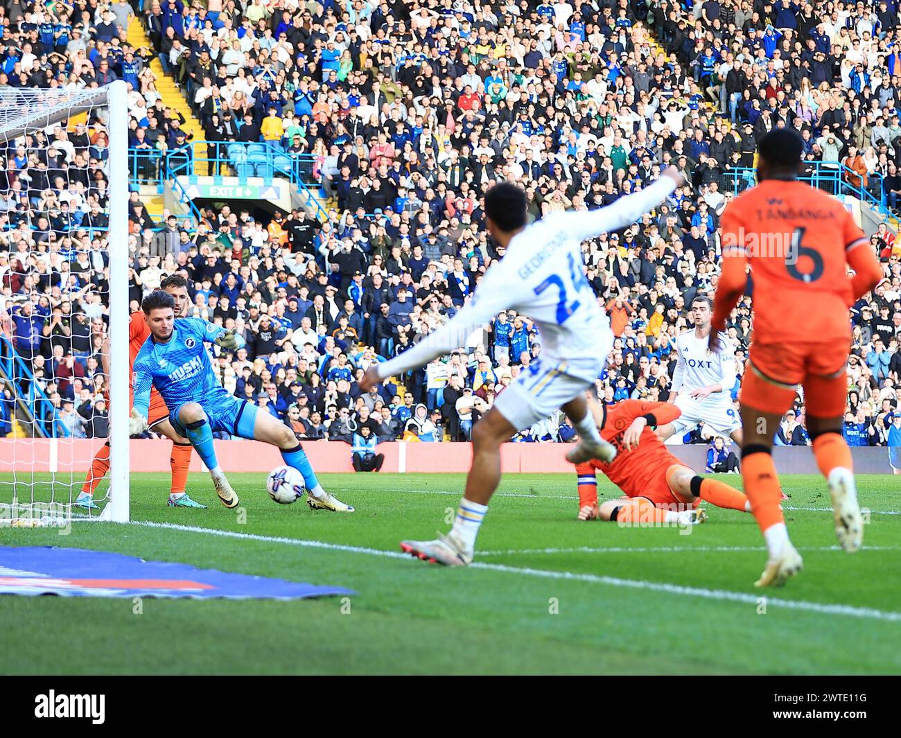 Leeds, UK. 17th Mar, 2024. Millwall Goalkeeper Matija Sarkic saves a ...