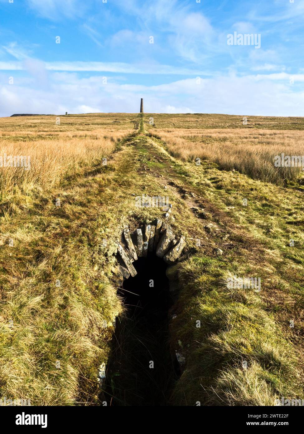 An old lead mine flue and chimney in the middle of the Yorkshire moors ...