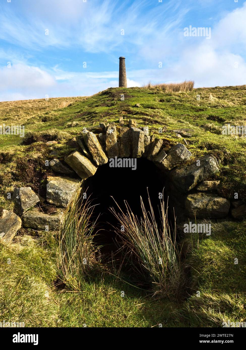 An old lead mine flue and chimney in the middle of the Yorkshire moors ...