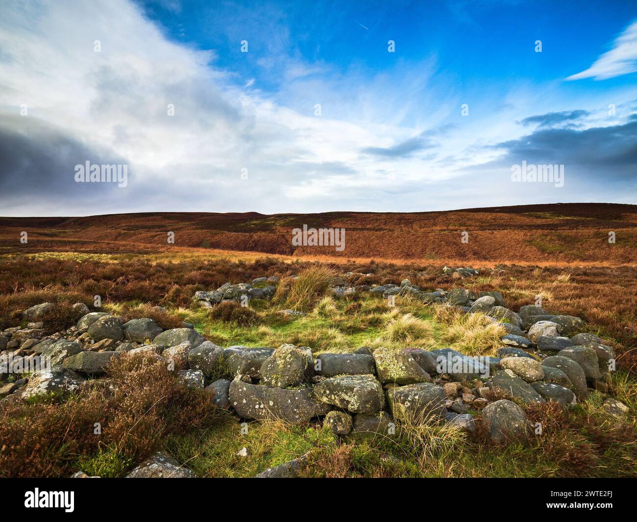 A reconstructed Bronze Age settlement on Ilkley moor in Yorkshire. The ...