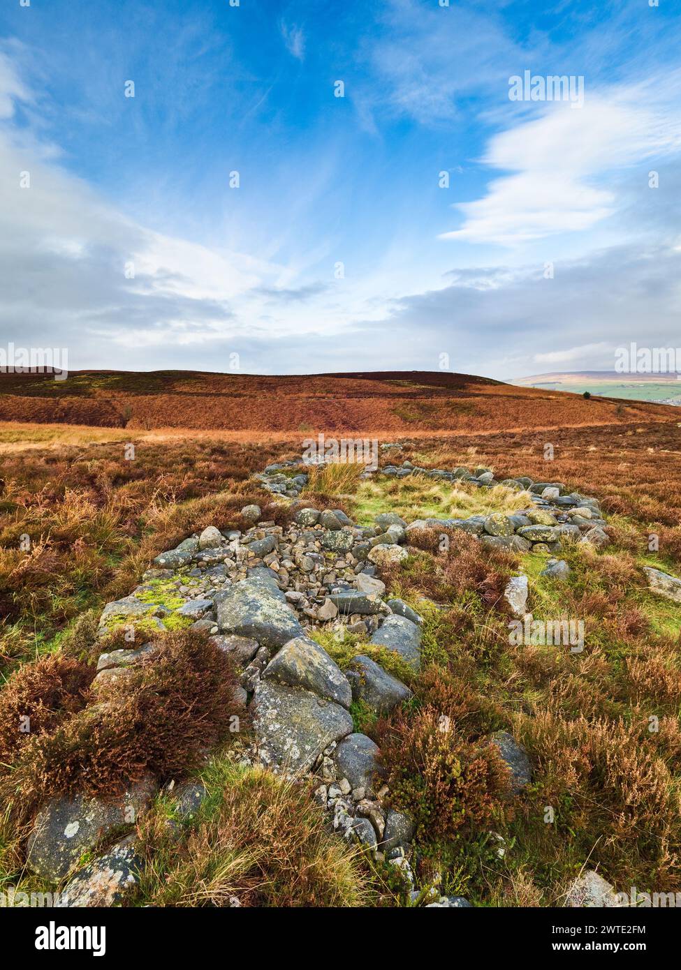 A reconstructed Bronze Age settlement on Ilkley moor in Yorkshire. The ...