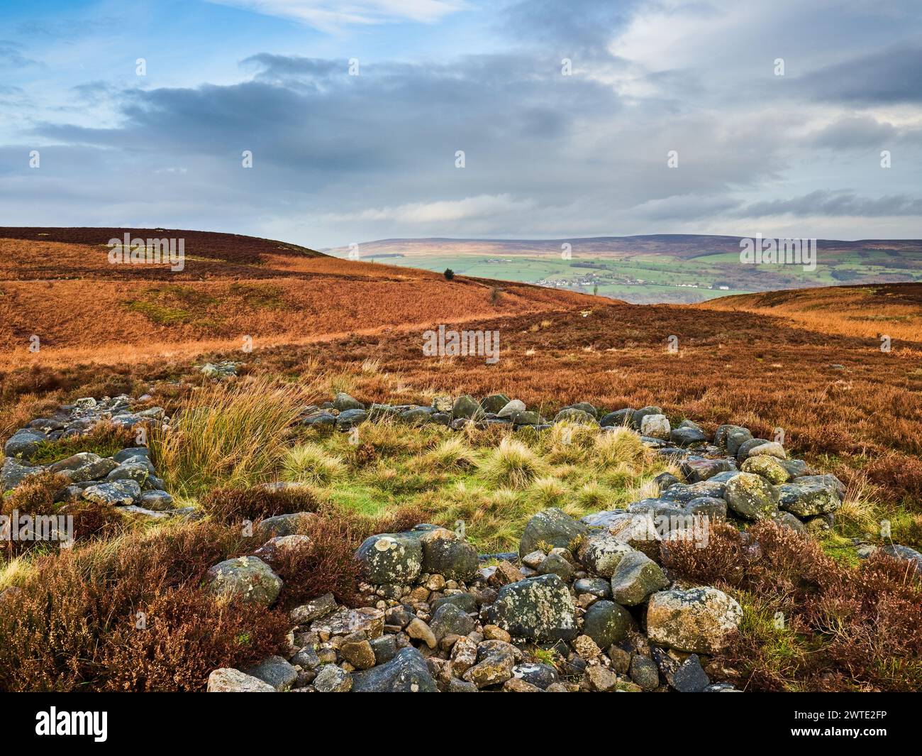 A reconstructed Bronze Age settlement on Ilkley moor in Yorkshire. The ...