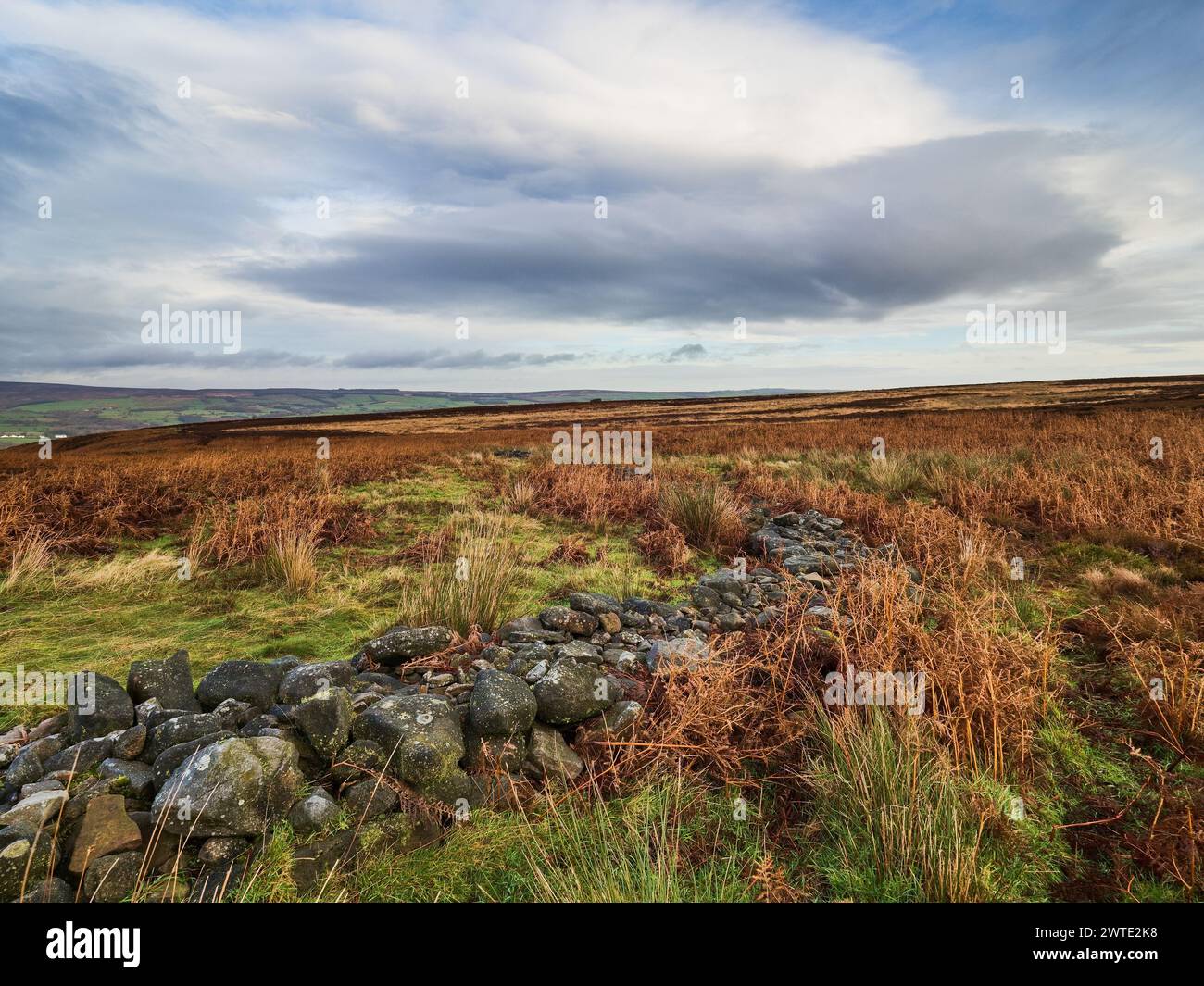 A reconstructed Bronze Age settlement on Ilkley moor in Yorkshire. The ...