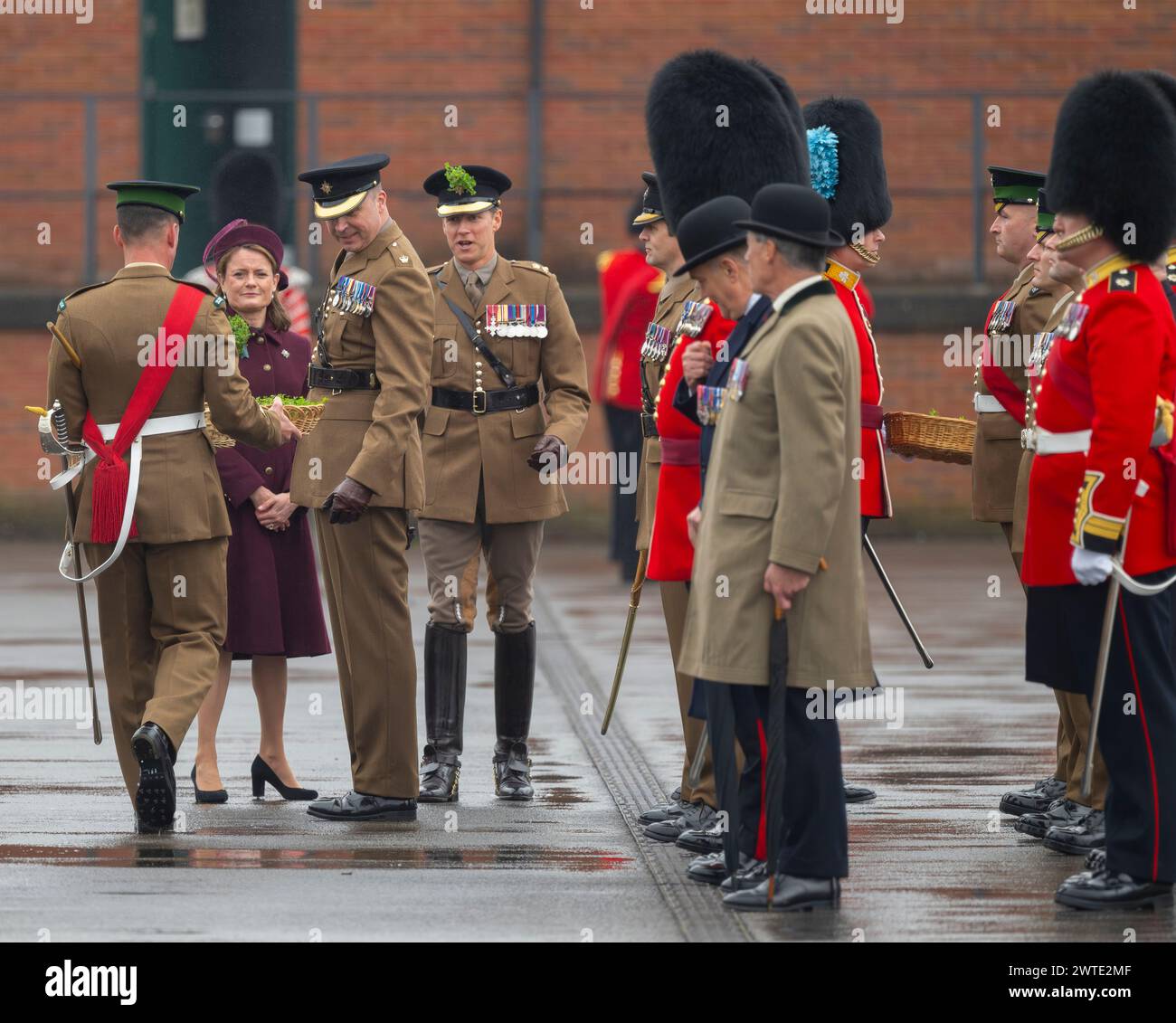 Mons Barracks, Aldershot, Hampshire, UK. 17th March 2024. The Irish Guards Regiment gather at a ...