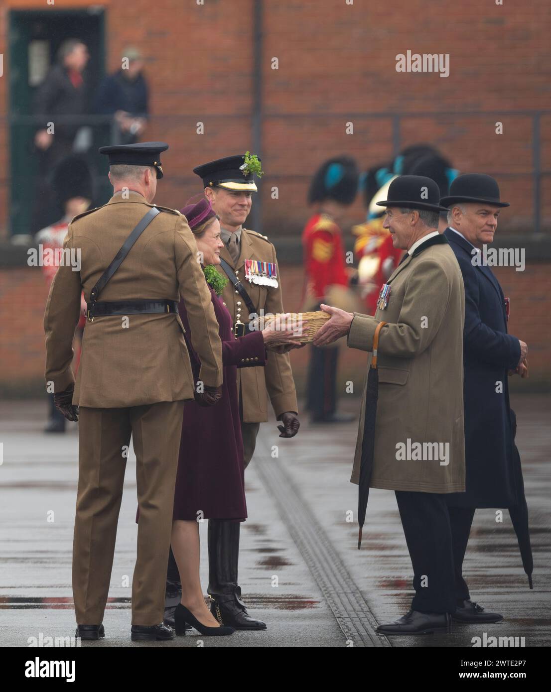Mons Barracks, Aldershot, Hampshire, UK. 17th March 2024. The Irish Guards Regiment gather at a ...
