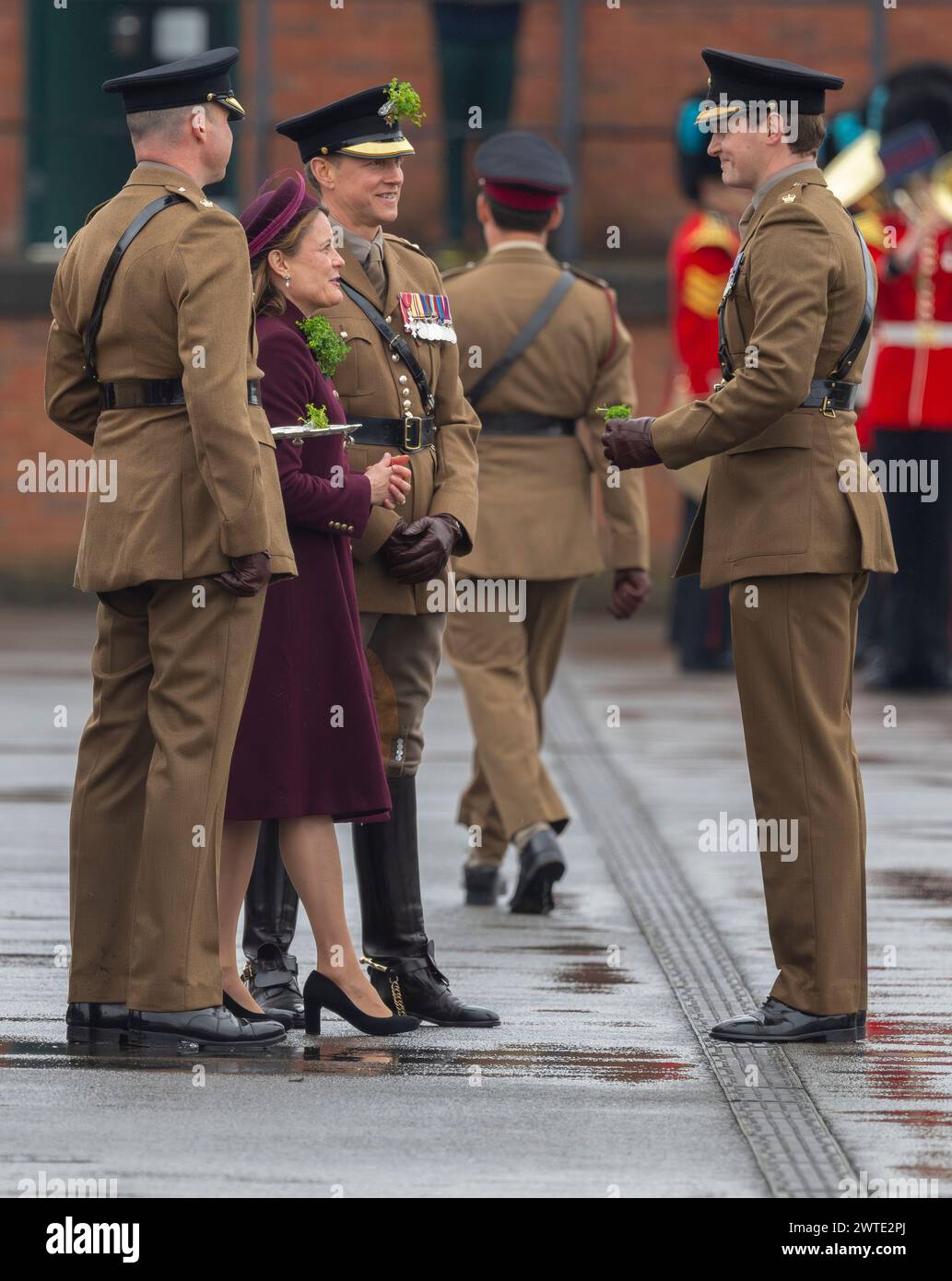 Mons Barracks, Aldershot, Hampshire, UK. 17th March 2024. The Irish Guards Regiment gather at a ...