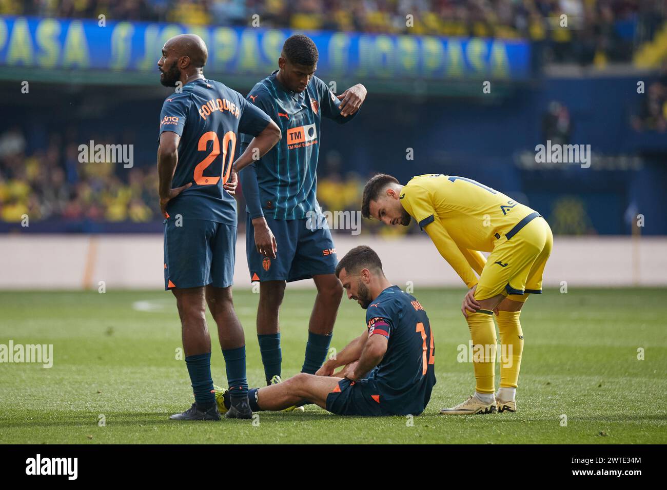 VILLARREAL, SPAIN - MARCH 17: Jose Gaya Left-Back of Valencia CF injury ...