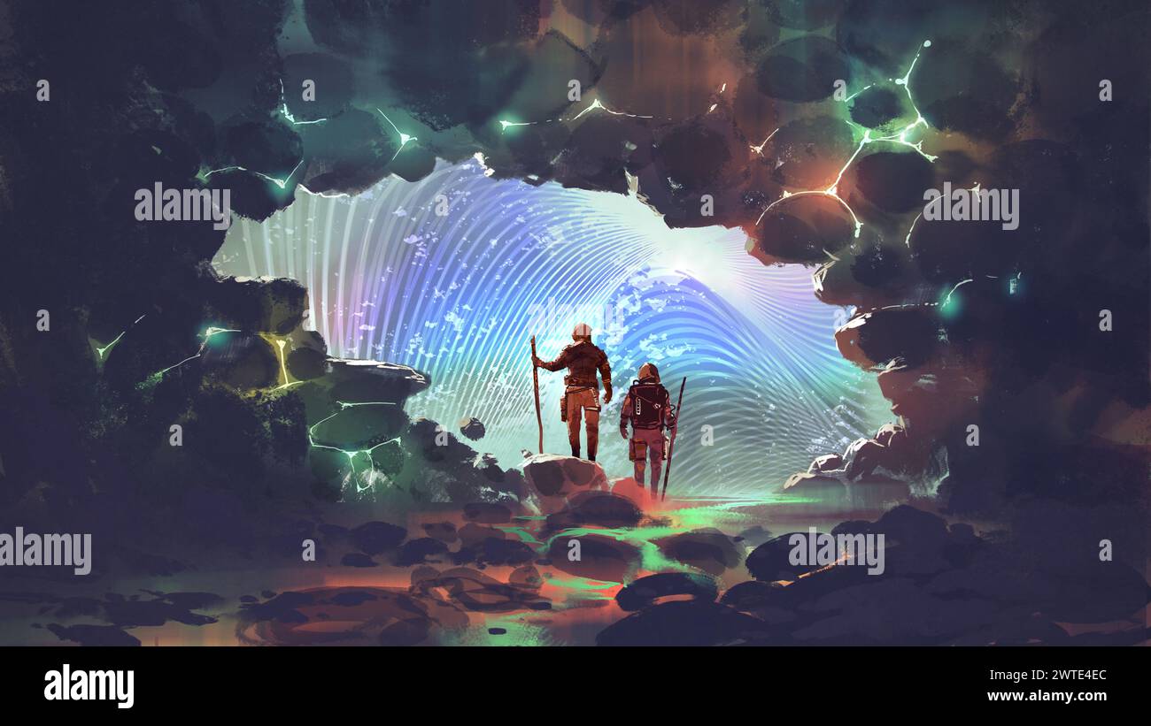 Two explorers walking out of the cave and into another place, digital ...