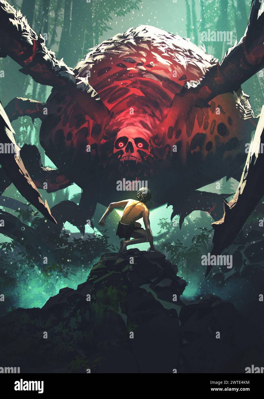 Primitive man encounters a giant red spider with a skull head, digital ...