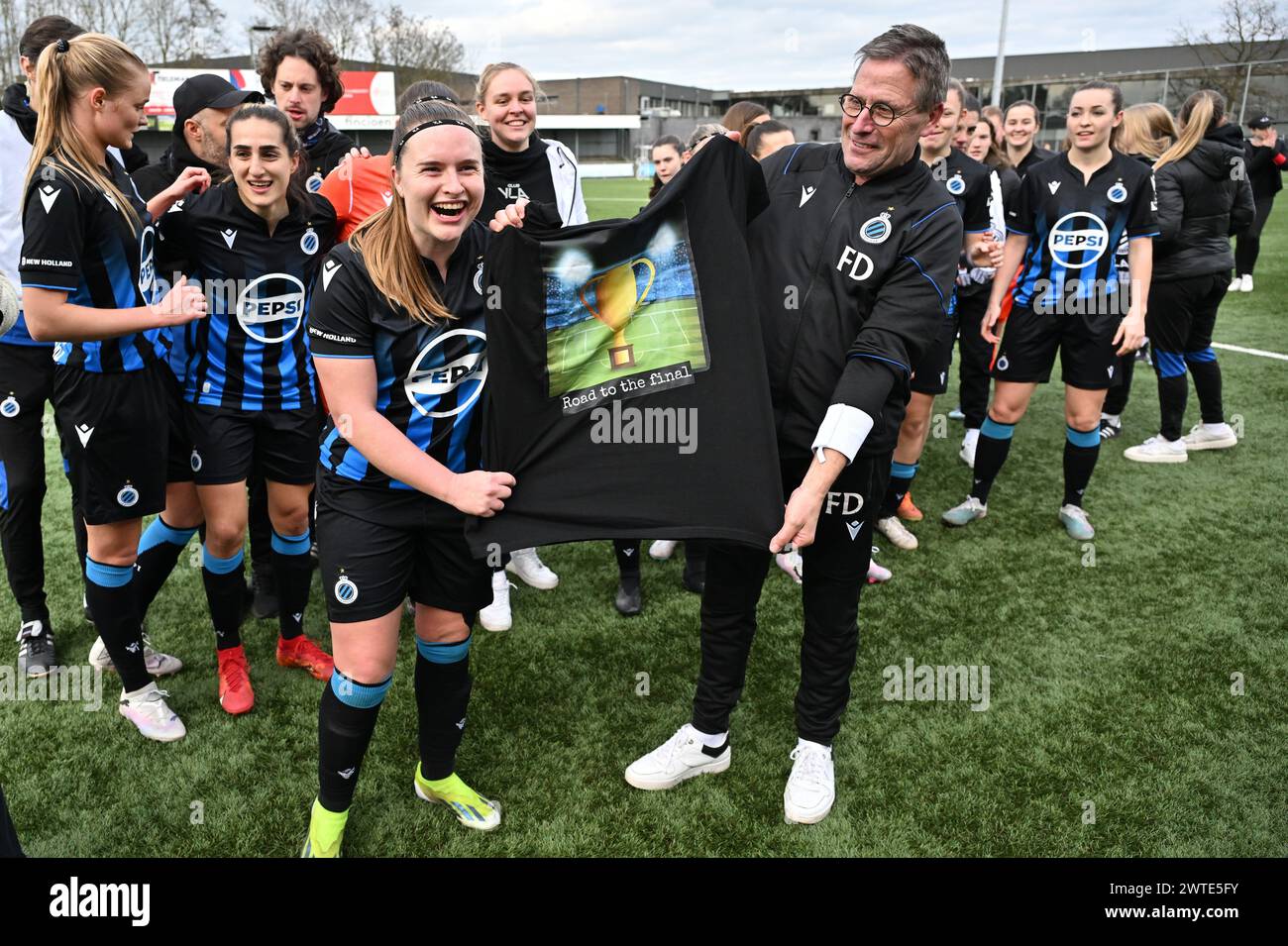 Aalter, Belgium. 16th Mar, 2024. players of Club YLA with Davinia Vanmechelen (25) of Club YLA ...