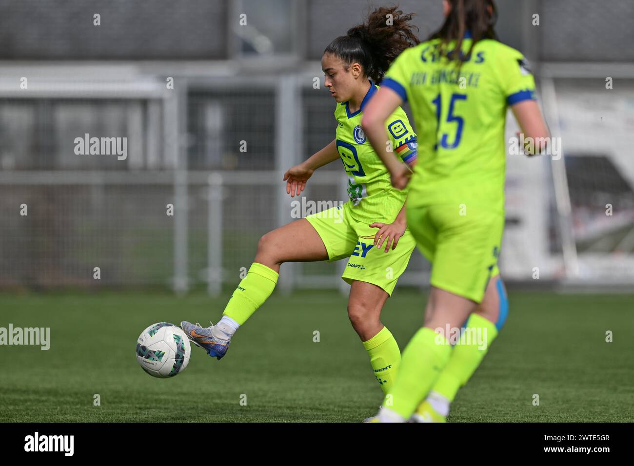 Aalter, Belgium. 16th Mar, 2024. Nia Elyn (4) of AA Gent pictured during a female soccer game ...