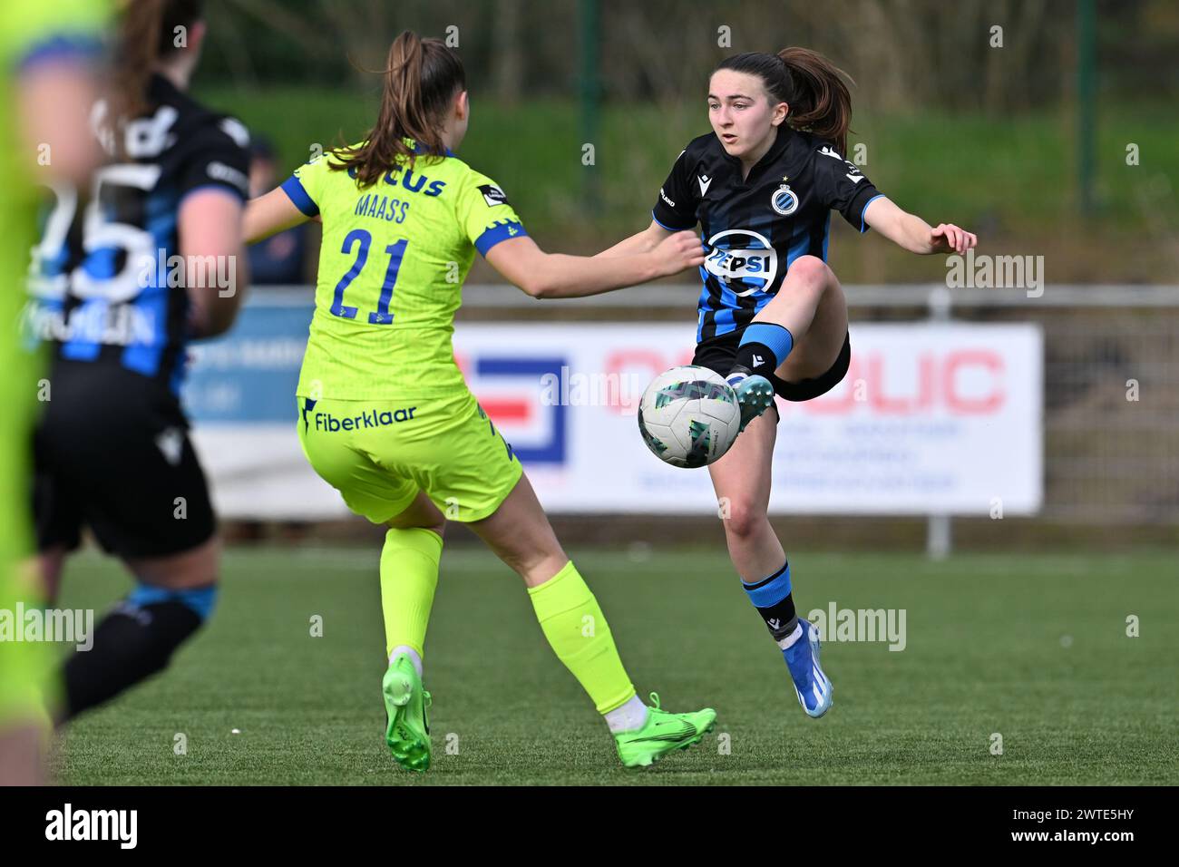 Aalter, Belgium. 16th Mar, 2024. Angel Kerkhove (13) of Club YLA pictured during a female soccer ...