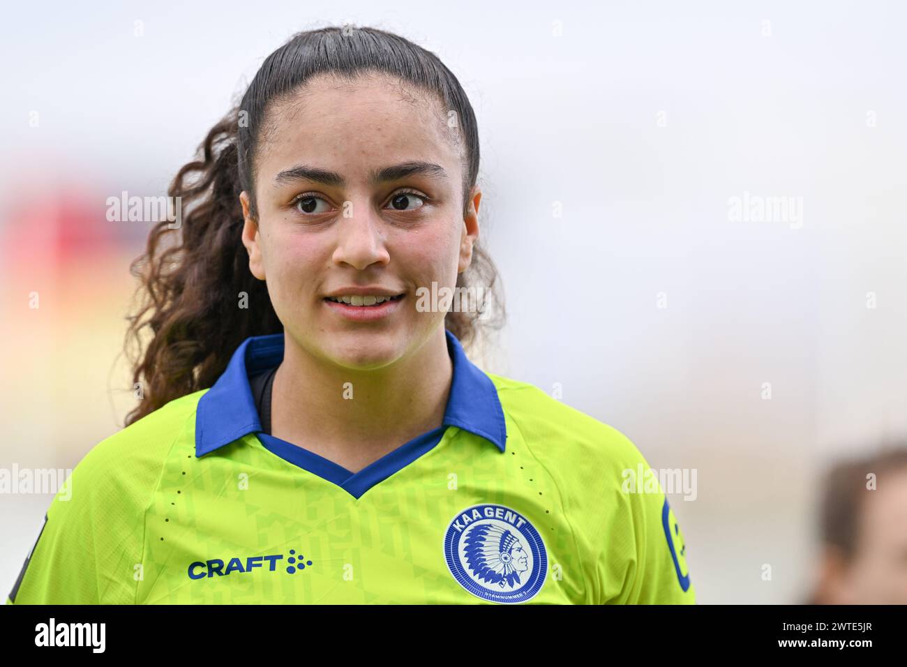 Aalter, Belgium. 16th Mar, 2024. Nia Elyn (4) of AA Gent pictured during a female soccer game ...