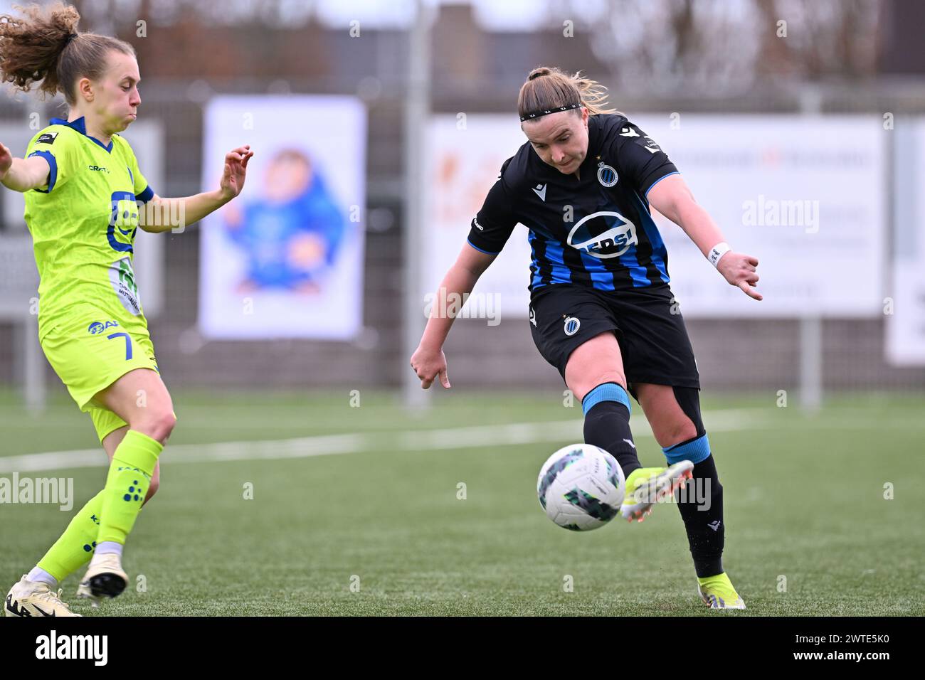 Aalter, Belgium. 16th Mar, 2024. Alixe Bosteels (7) of AA Gent pictured defending on Davinia ...