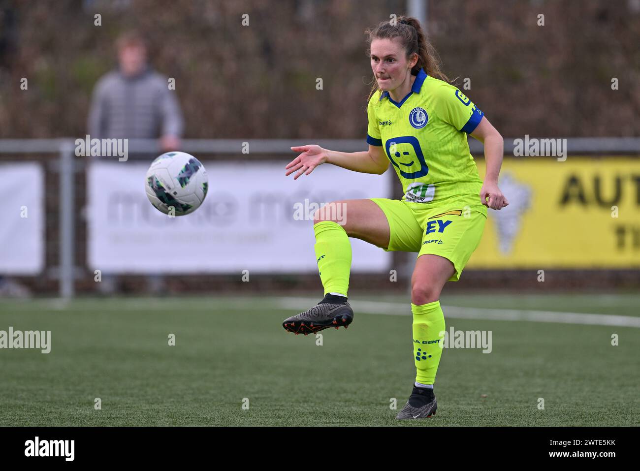 Aalter, Belgium. 16th Mar, 2024. Emma Van Britsom (8) of AA Gent pictured during a female soccer ...