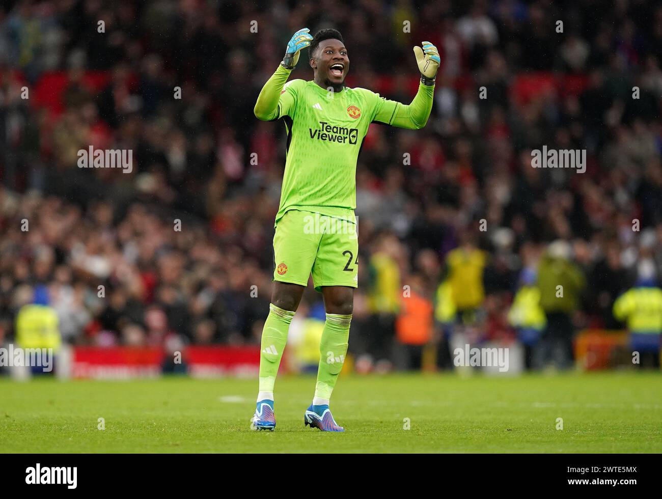 Manchester united goalkeeper andre onana gestures towards the crowd ...