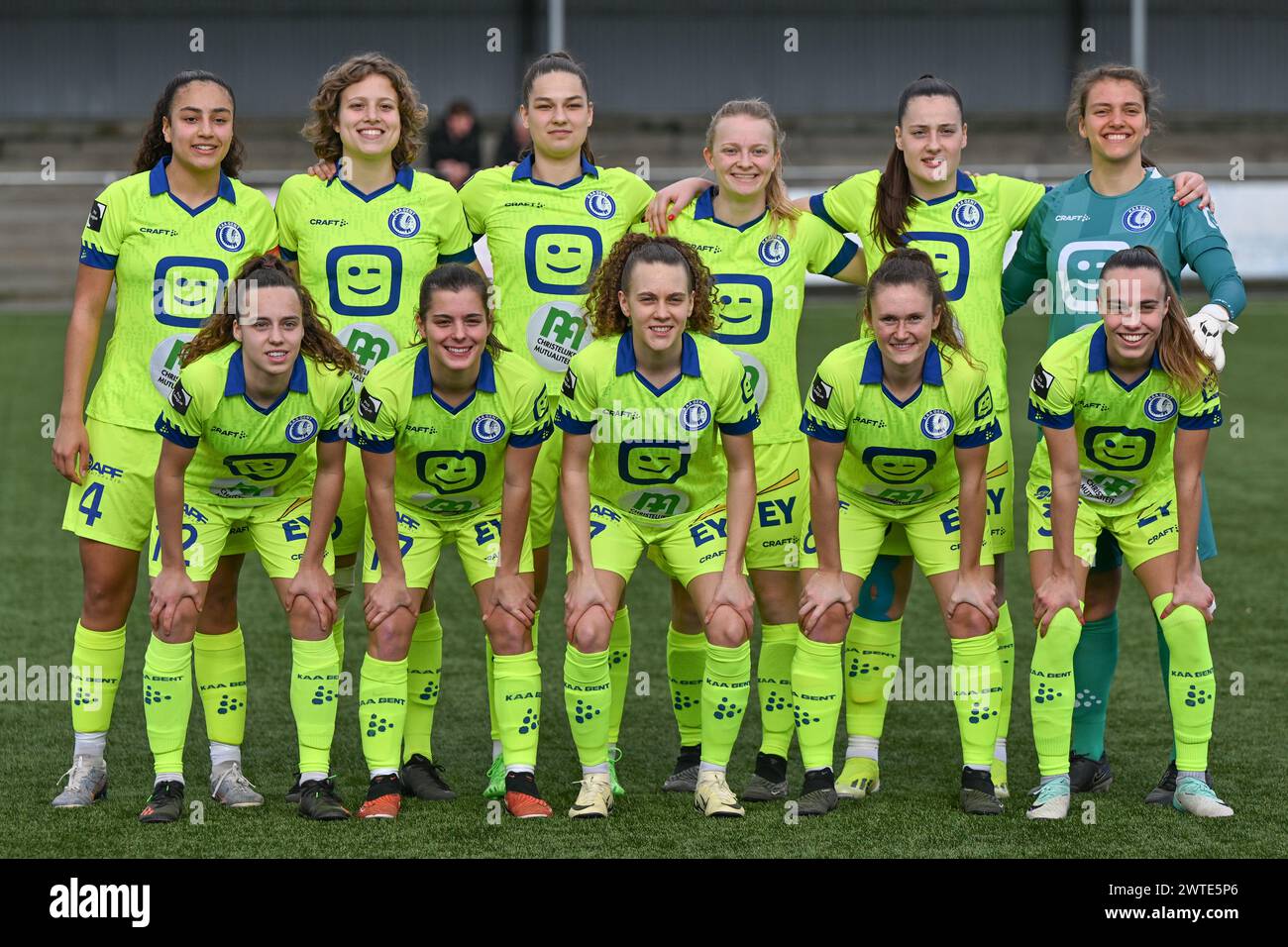 Aalter, Belgium. 16th Mar, 2024. players of Gent with Nia Elyn, Fleur Van Daele, Elfi Maass ...