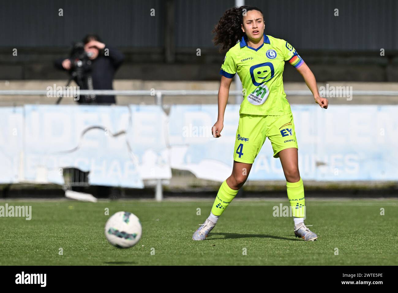 Aalter, Belgium. 16th Mar, 2024. Nia Elyn (4) of AA Gent pictured during a female soccer game ...