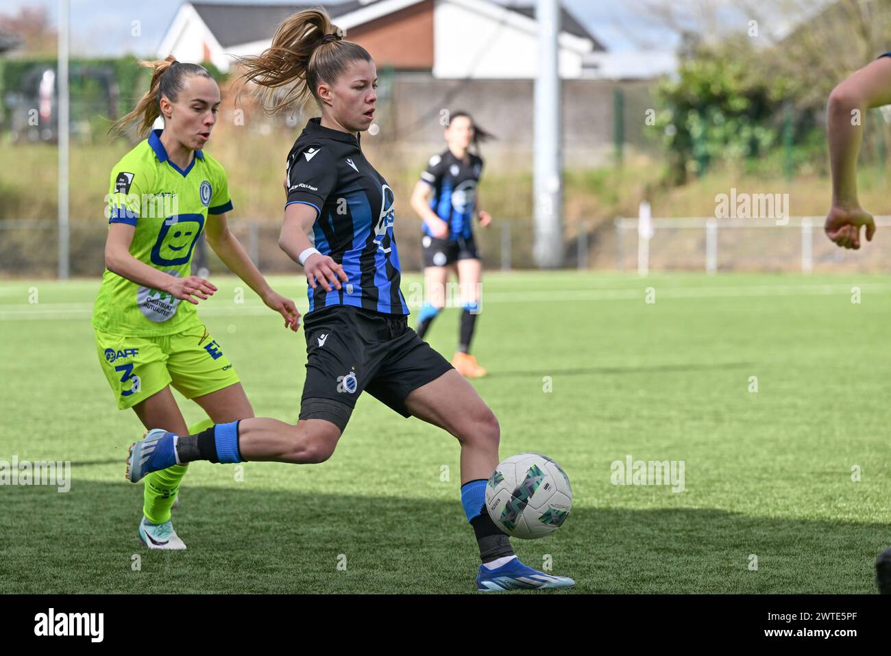Aalter, Belgium. 16th Mar, 2024. Gaelle Nierynck (3) of AA Gent pictured defending on Lyndsey ...