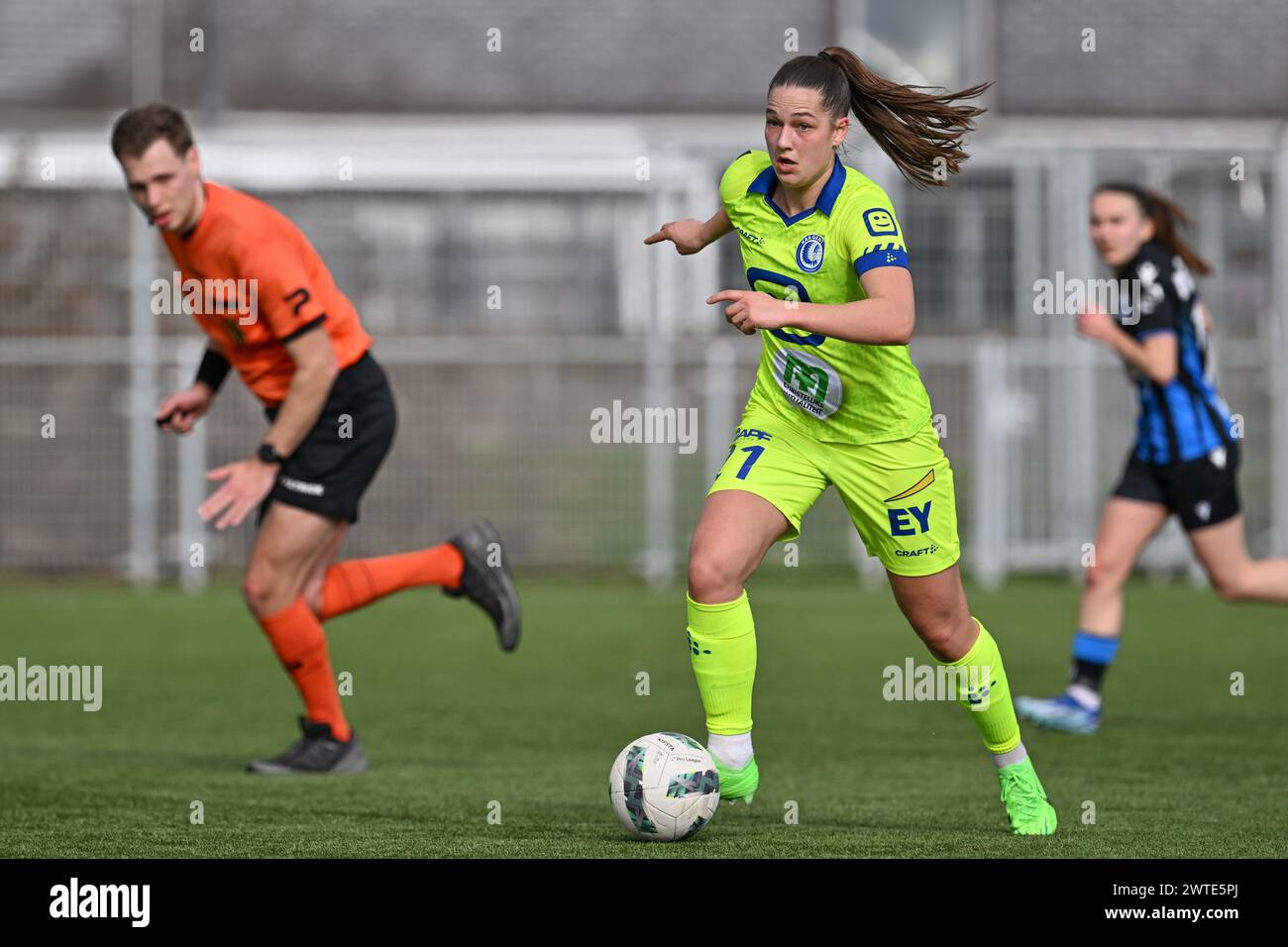 Aalter, Belgium. 16th Mar, 2024. Elfi Maass (21) of AA Gent pictured during a female soccer game ...