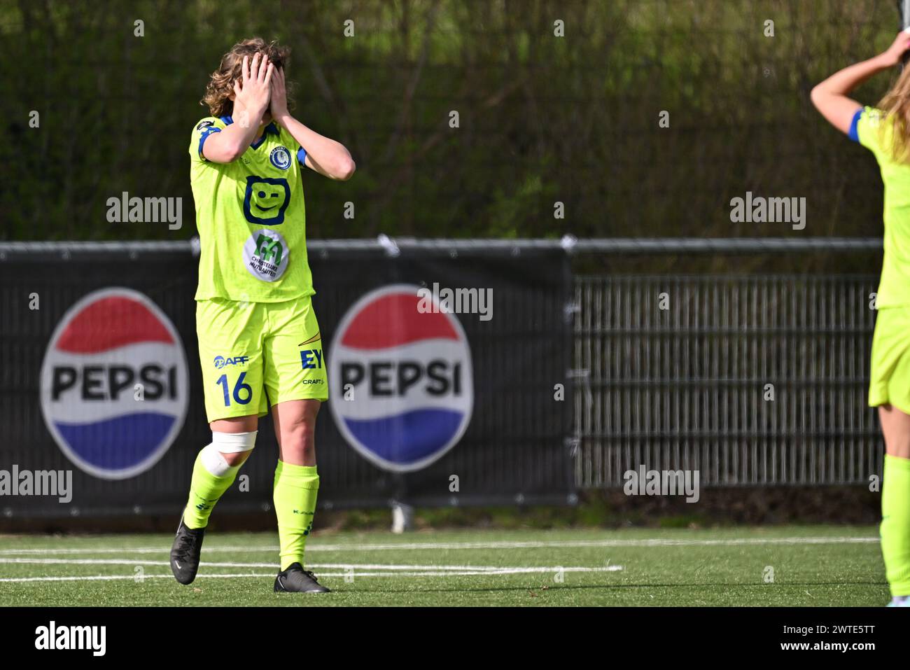 Aalter, Belgium. 16th Mar, 2024. Fleur Van Daele (16) of AA Gent reacts ...