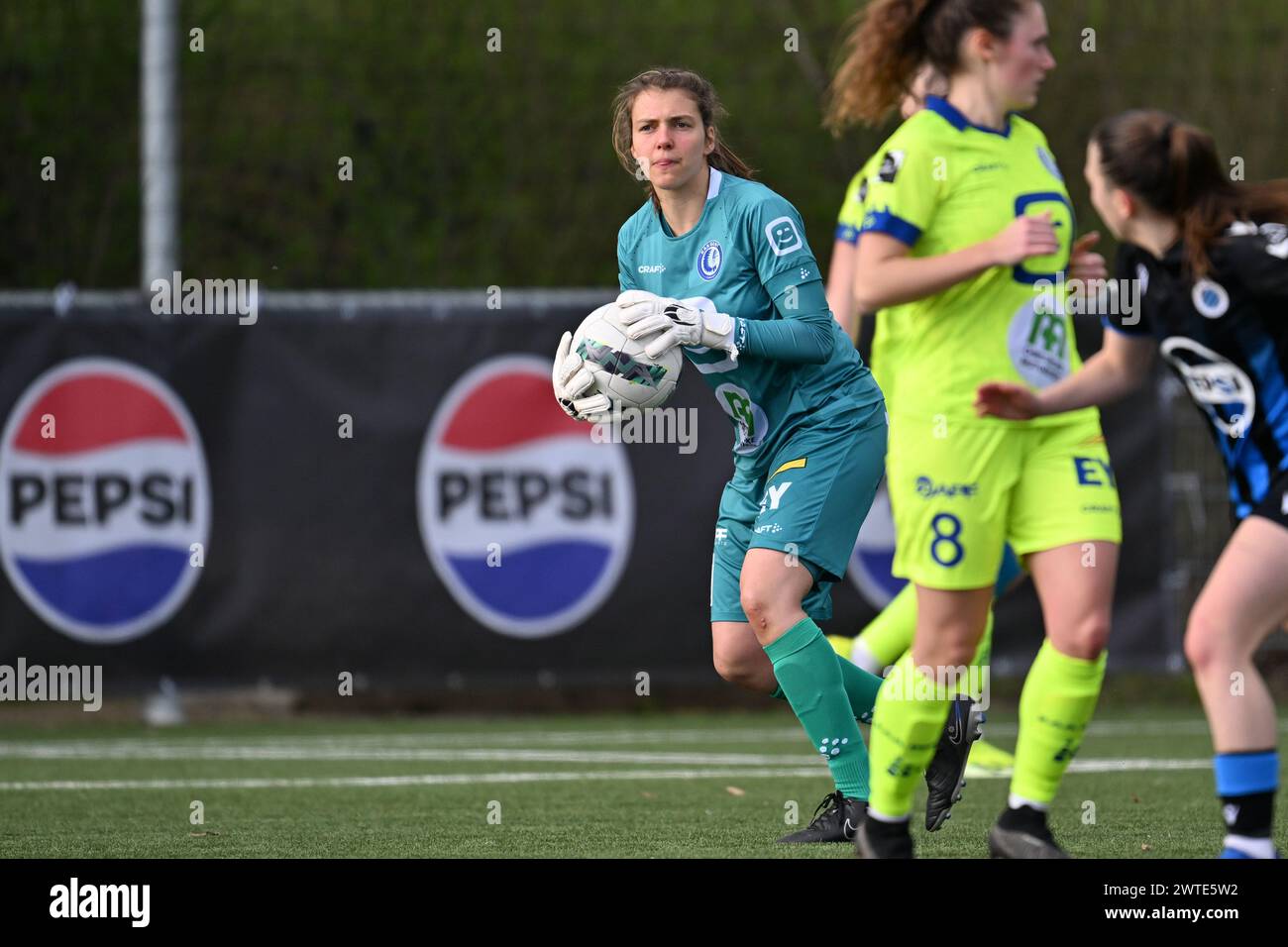 Aalter, Belgium. 16th Mar, 2024. Goalkeeper Riet Maes (1) of AA Gent pictured during a female ...