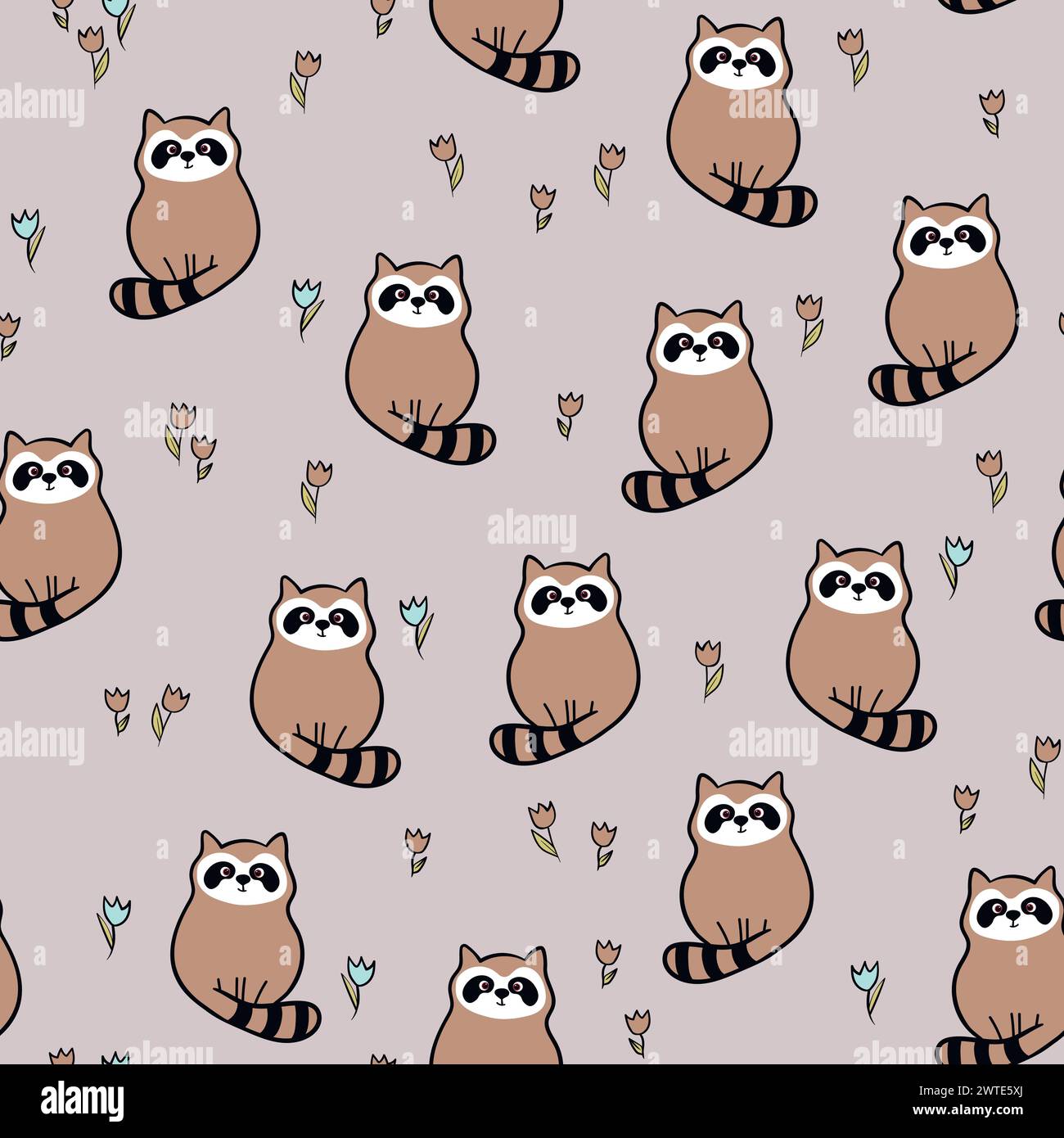 Vector seamless repeating childish pattern with cute raccoon in doodle ...
