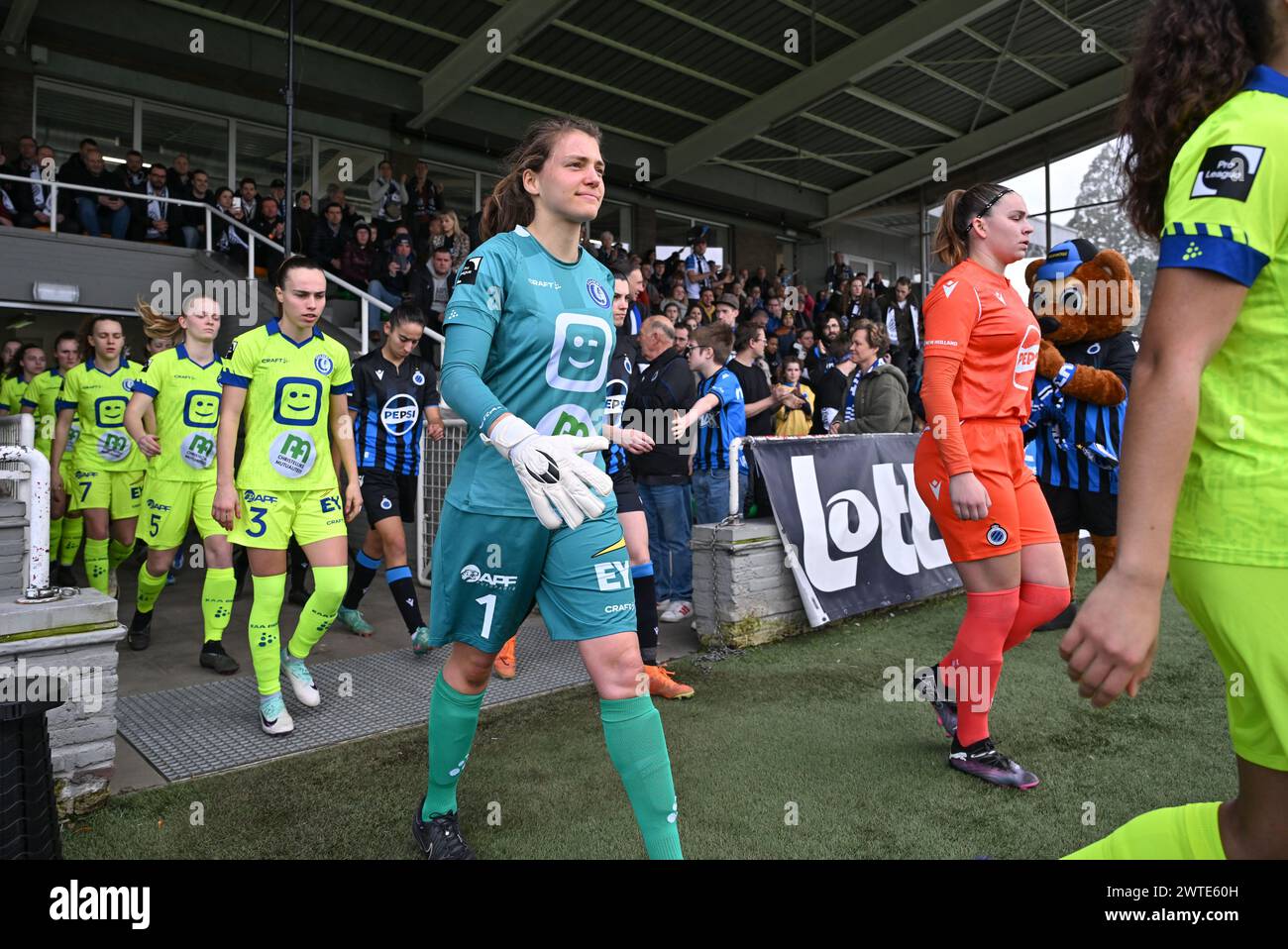 Aalter, Belgium. 16th Mar, 2024. Goalkeeper Riet Maes (1) of AA Gent enters the pitch during a ...