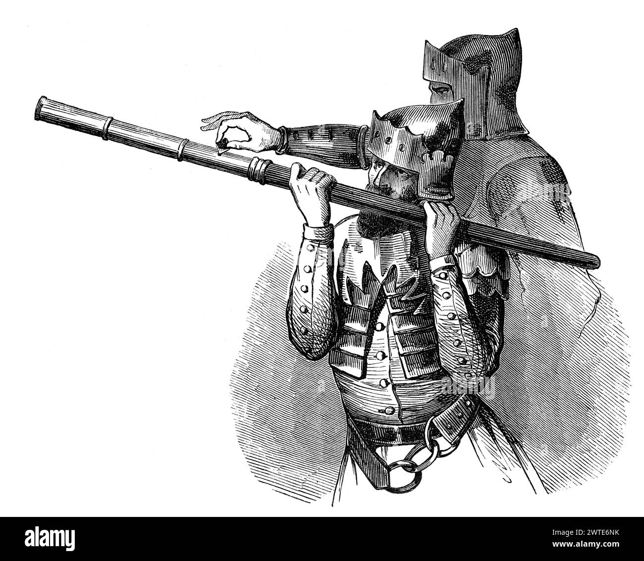 Two soldiers using a hand cannon, Bâton à feu, 14th century Stock Photo ...