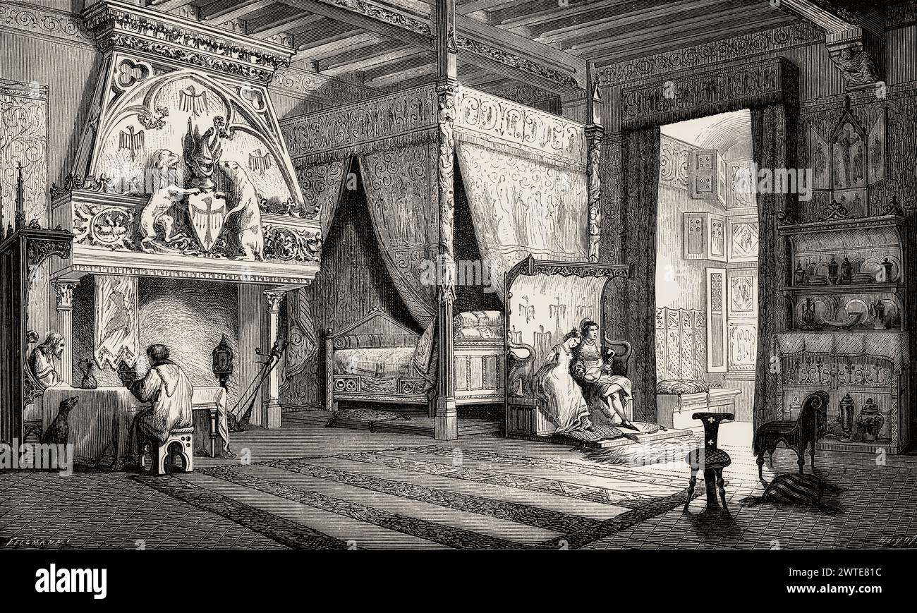 Interior of a seigniorial house or manor house, 14th century Stock ...