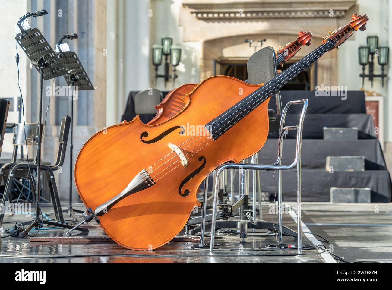 Cello classical instrument on an empty stage. Classical music concept ...