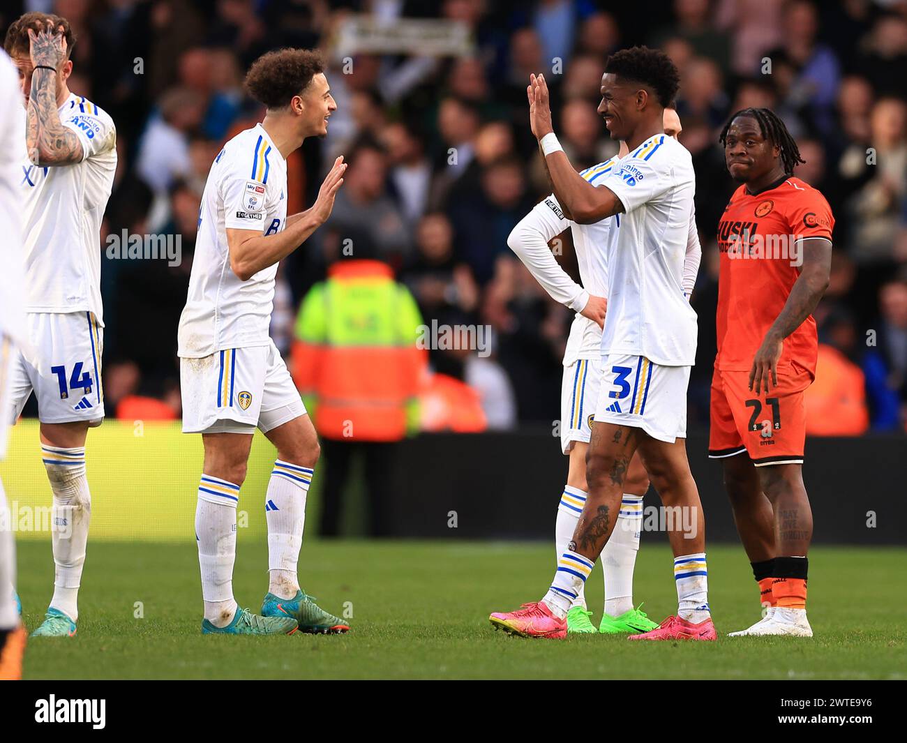 Leeds, UK. 17th Mar, 2024. Ethan Ampadu of Leeds United (L) and Junior ...