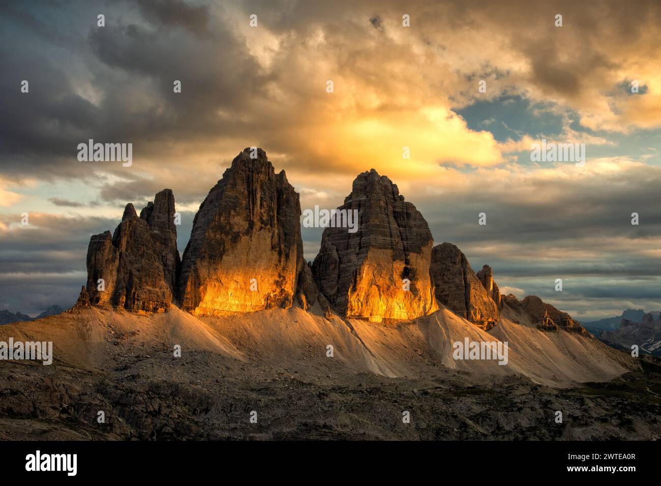 Famous rocky massif Tre Cime di Lavaredo (Drei Zinnen) at summer ...