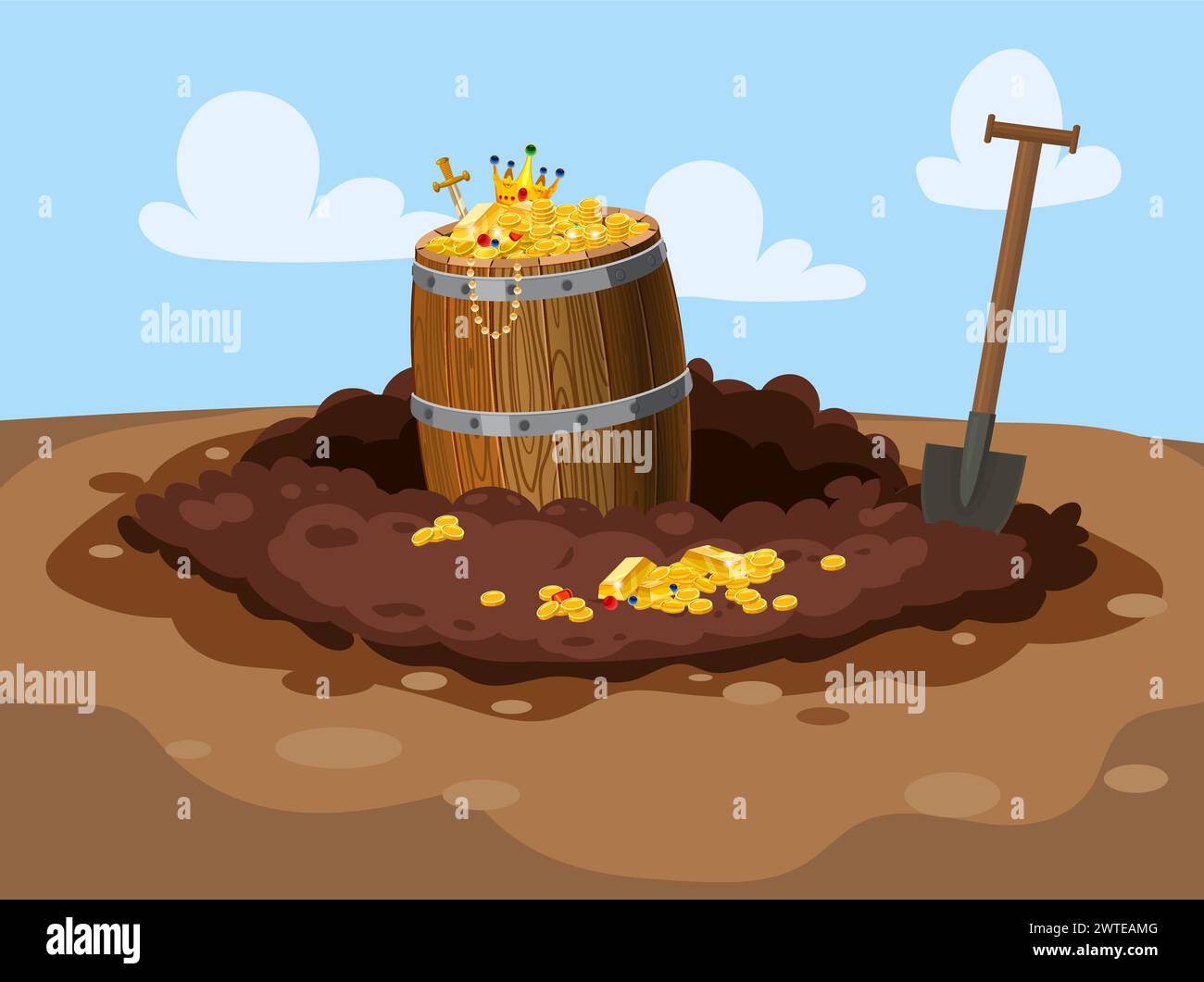 Treasure barrel full of treasures, gold coins, Digging Hole in the ...