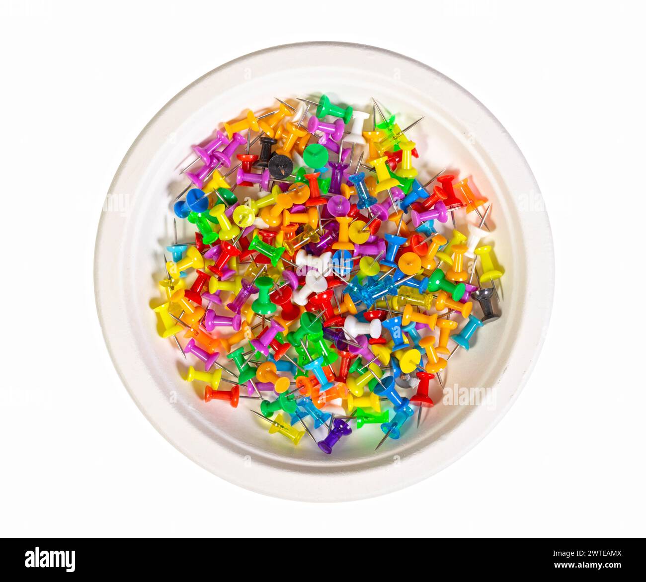 Many colorful push pins, isolated on a white background Stock Photo - Alamy